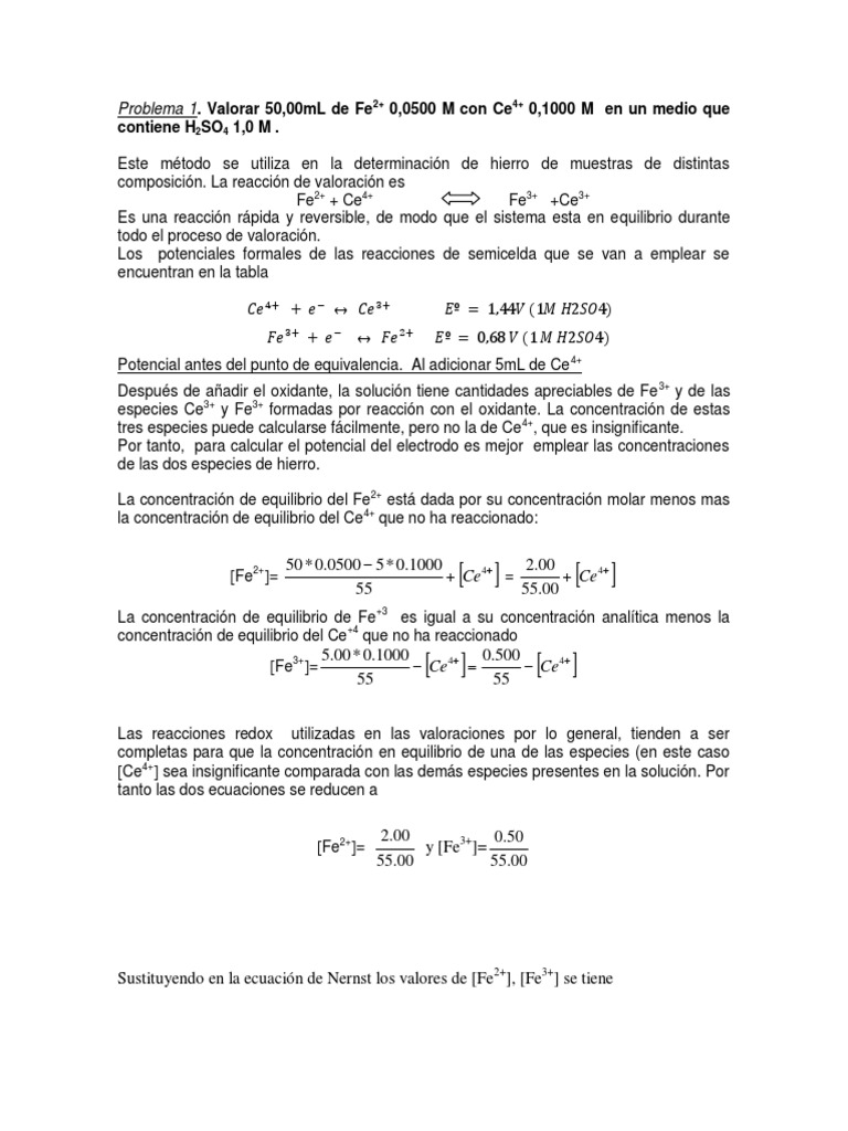 Valoración Redox de Fe2+ con Ce4+ y K2Cr2O7 | PDF | Equilibrio químico | Redox