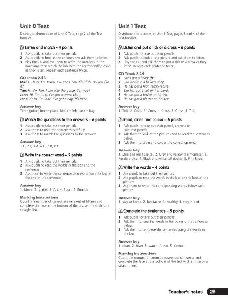 Unit 0 Test Unit 1 Test: Listen and Match - 4 Points Listen and Put A ...