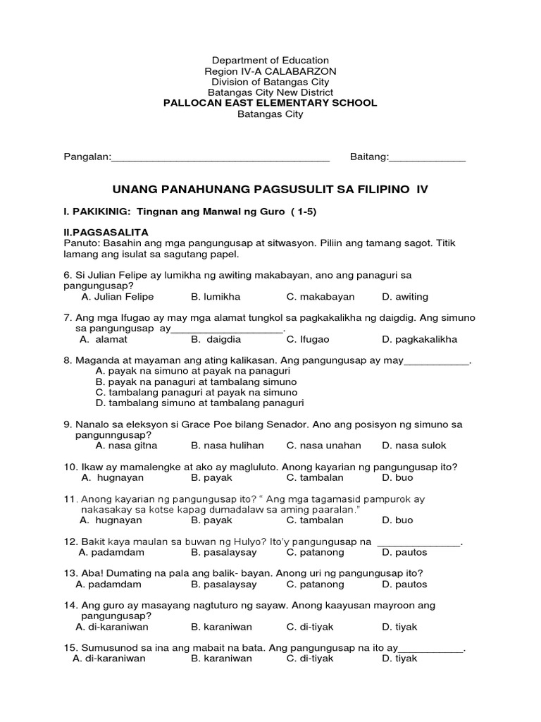 1st Periodical Test-Filipino 4 | PDF