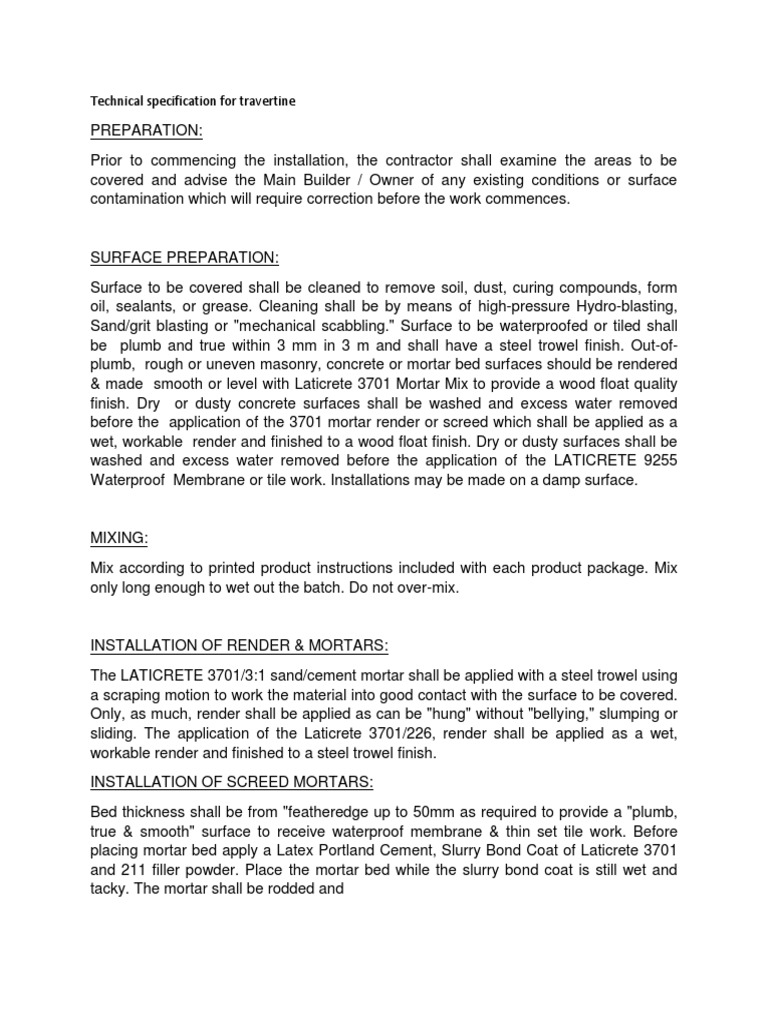 Technical Specification For Travertine | PDF | Concrete | Mortar (Masonry)