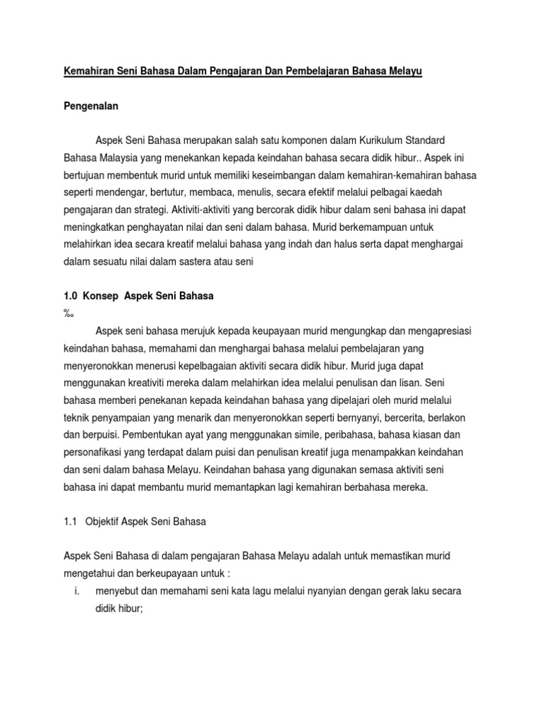 Kemahiran Seni Bahasa Dalam Pengajaran Dan Pembelajaran Bahasa Melayu | PDF