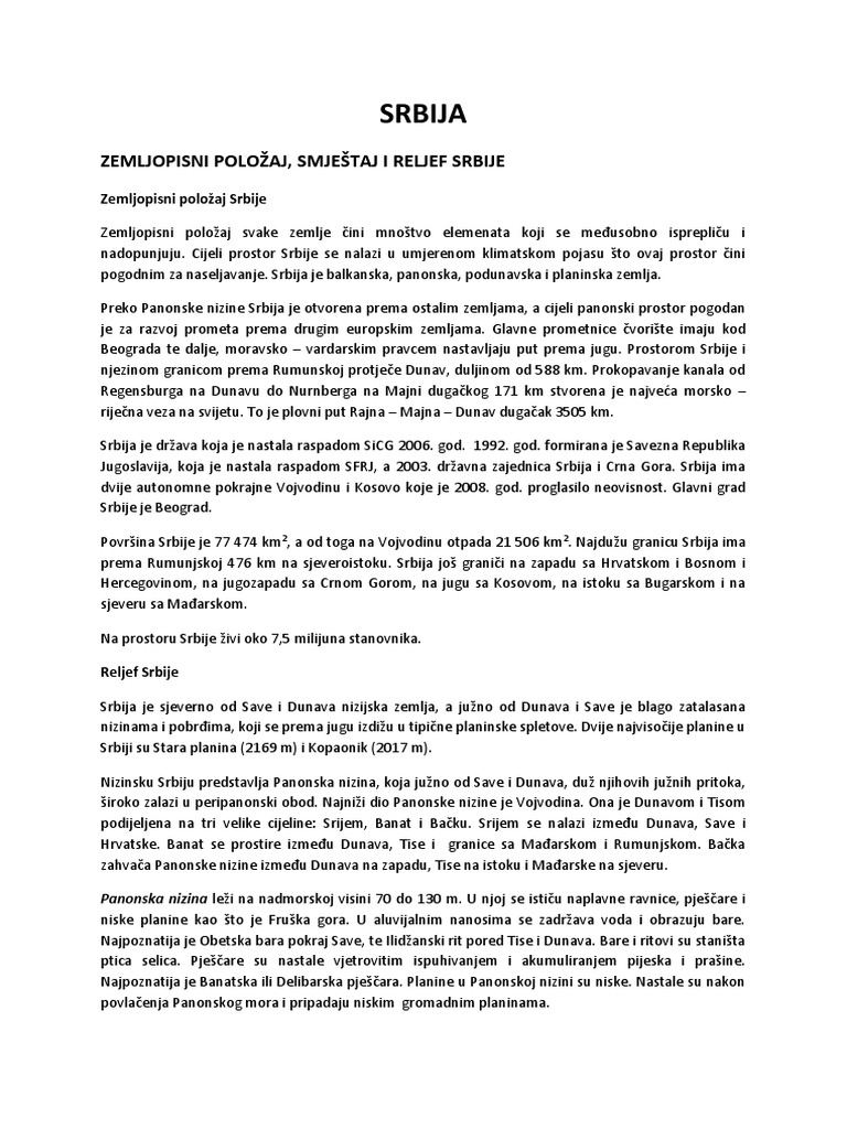 Zemljopisni Položaj, Smještaj I Reljef Srbije | PDF