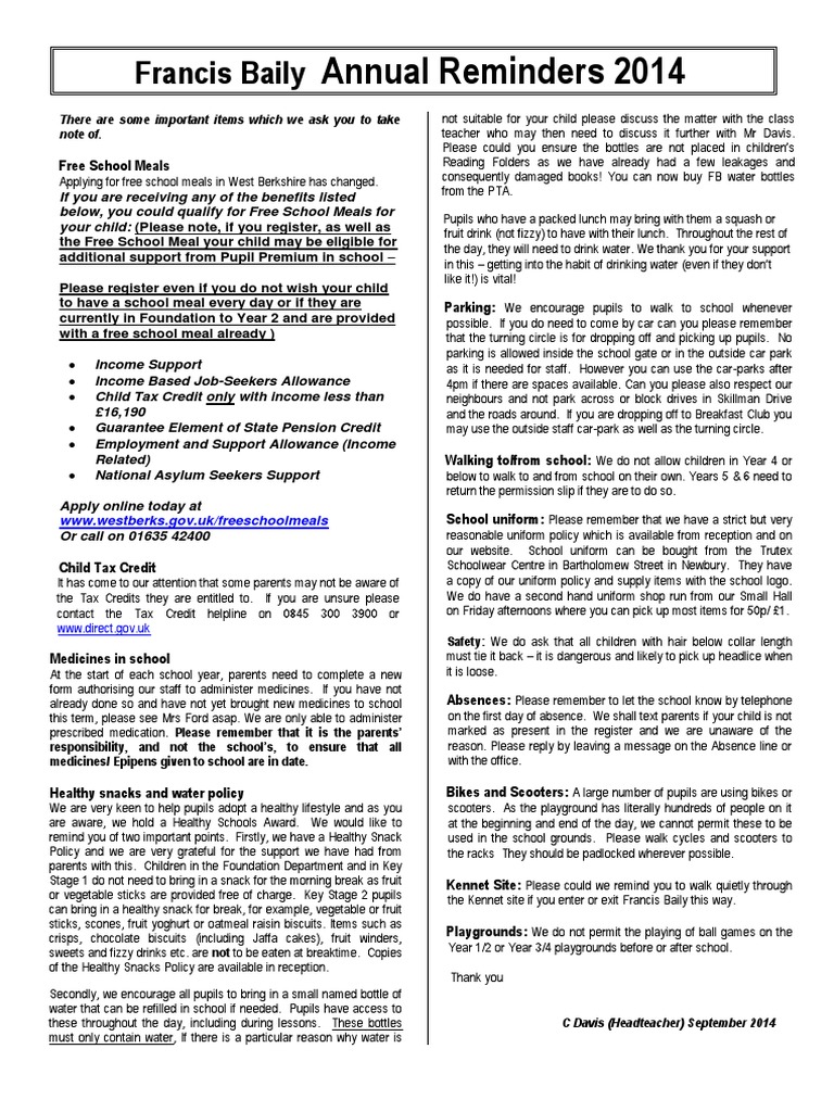 Annual Reminders 2014 | PDF | School Meal | Schools
