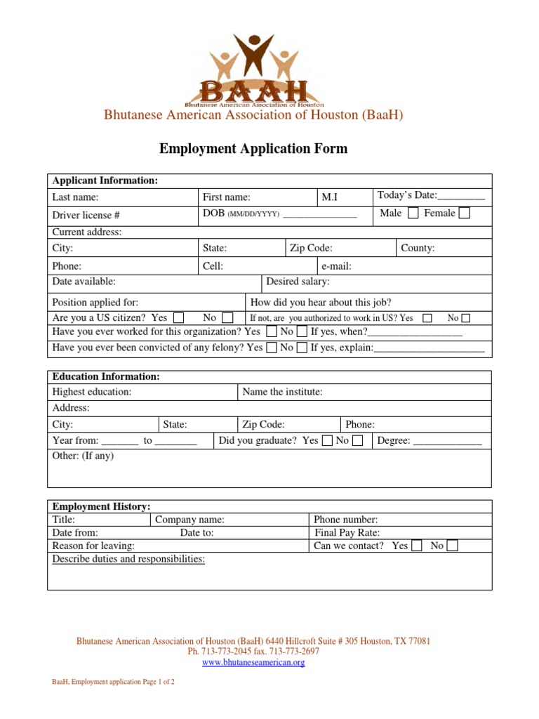 Bhutanese American Association of Houston (Baah) : Employment ...