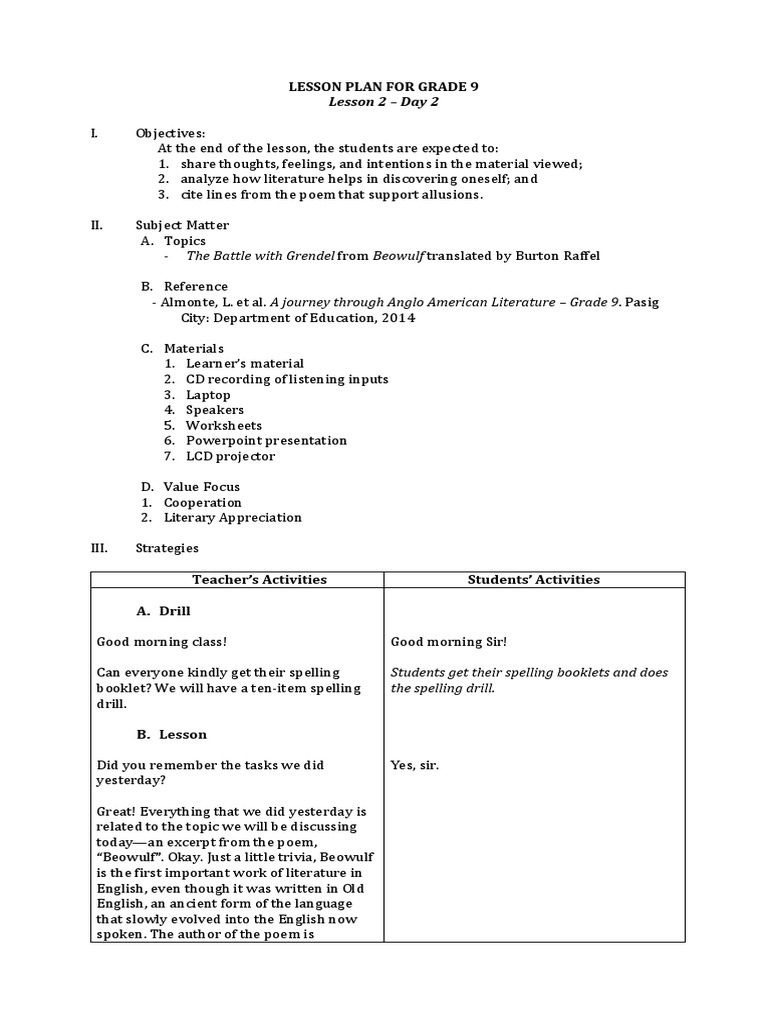 Lesson Plan For Beowulf 2 | PDF | Beowulf | Lesson Plan