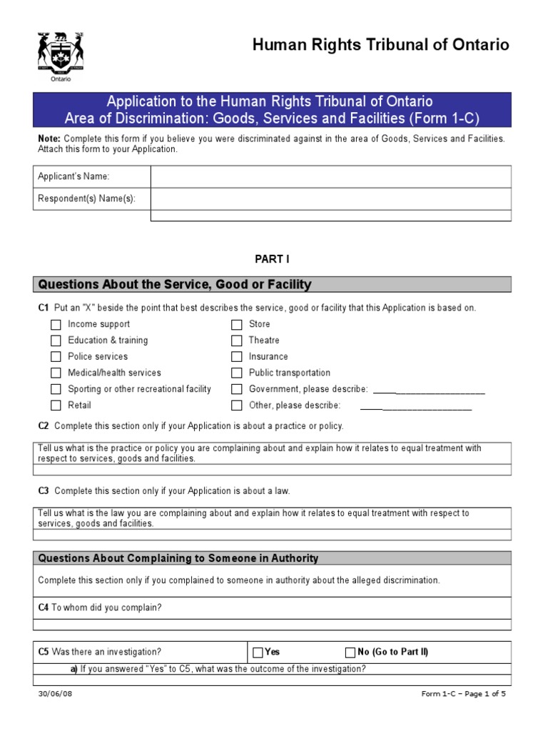 Application To The Human Rights Tribunal of Ontario Area of ...