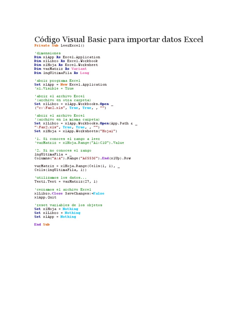 Código Visual Basic para Importar Datos Excel | PDF | Métodos y ...