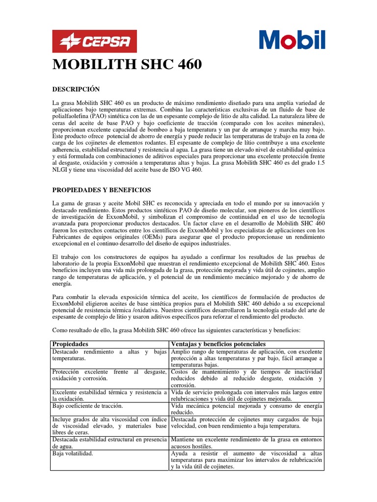 HT Mobilith SHC 460 | PDF | Petróleo | Corrosión