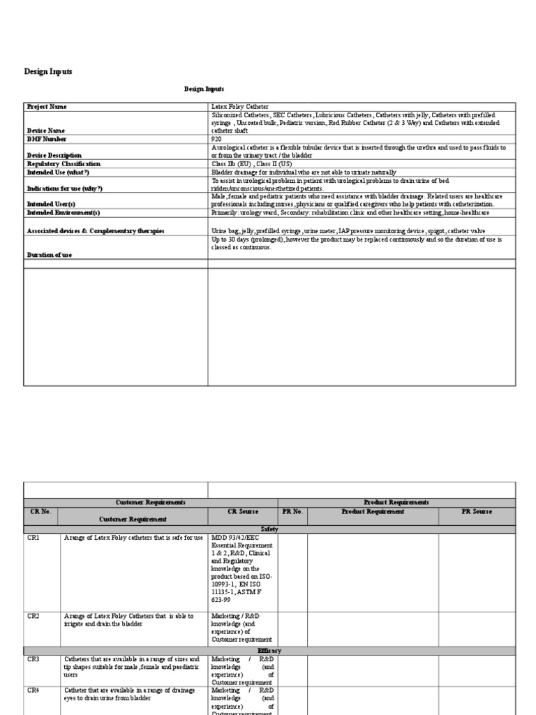 FC Design Input DHF Remediation 24062014 | PDF | Catheter | Urology