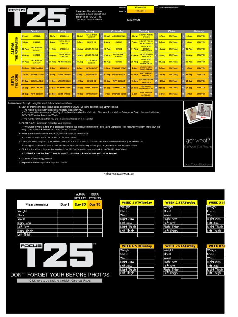 Focus T25 Workout Sheets