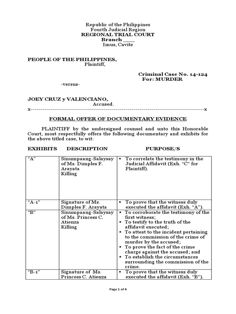 Sample Formal Offer Prosecution | Witness | Testimony