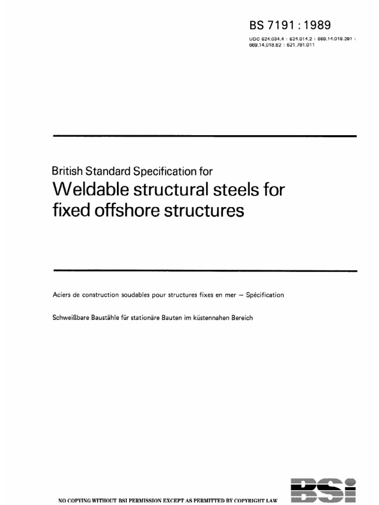BS 7191 1989 - Weldable Structural Steels For Fixed Offshore Structures ...