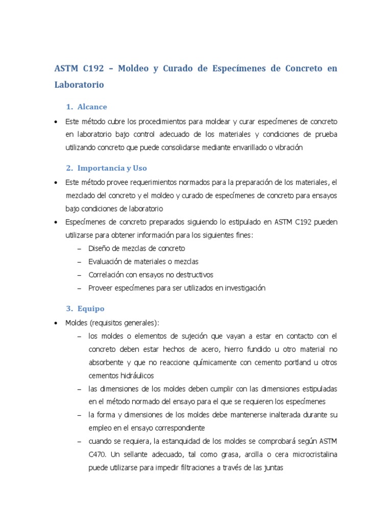 ASTM C192: Moldeo y Curado de Concreto | PDF | Cemento | Mezcla