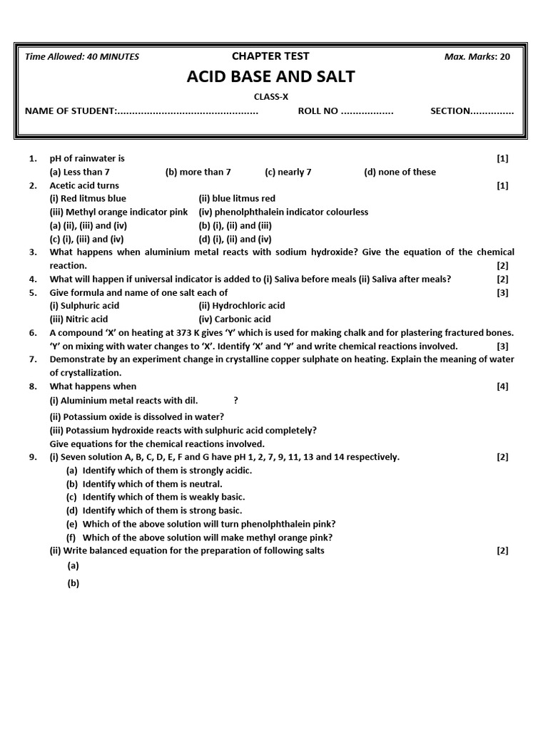 Class 10 Chemistry Test | PDF | Acid | Salt (Chemistry)