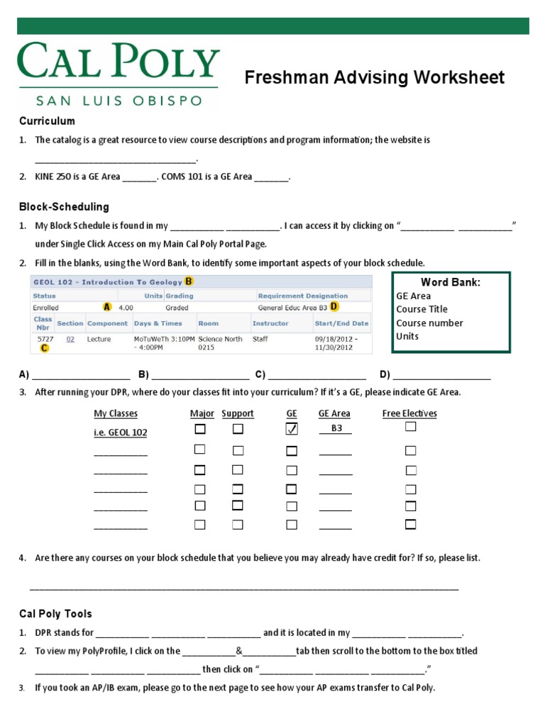 Freshmen Advising Worksheet | PDF | Test (Assessment) | Academia