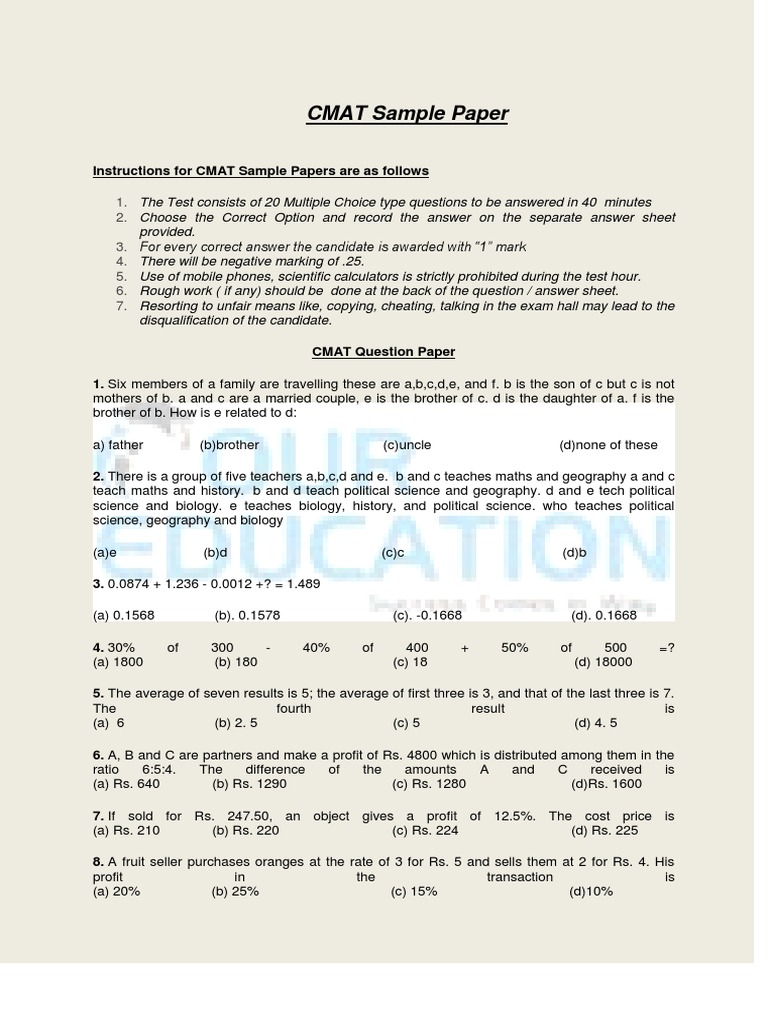CMAT Sample Paper 2 | Download Free PDF | Prices | Profit (Accounting)