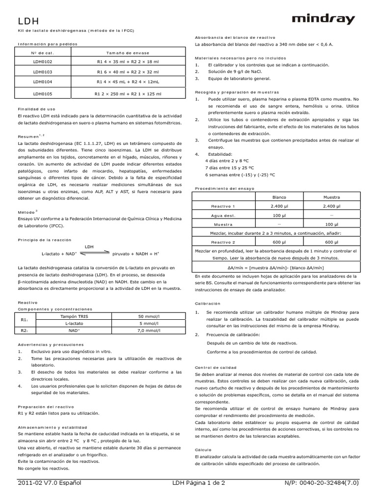 LDH | PDF | Lactato deshidrogenasa | Calibración