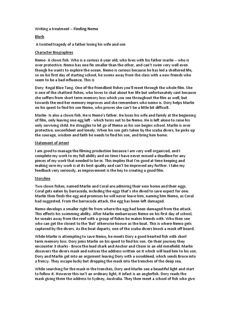 Writing A Treatment - Finding Nemo | PDF | Leisure | Nature