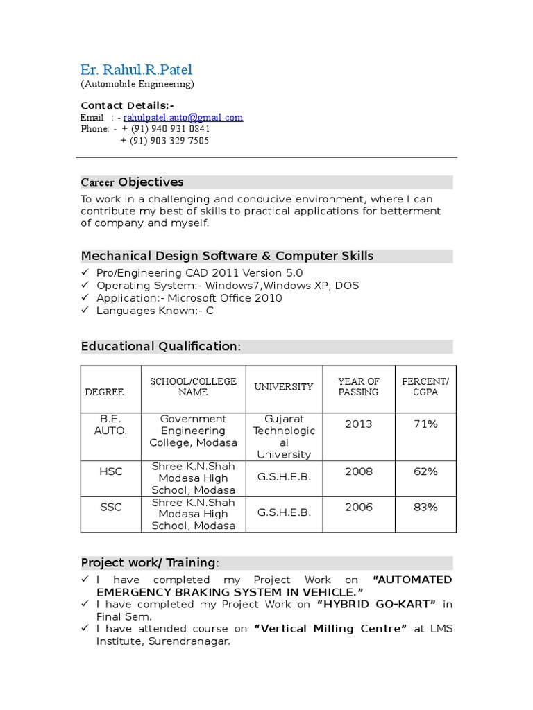 Rahul Patel - Automobile Engineer CV | PDF