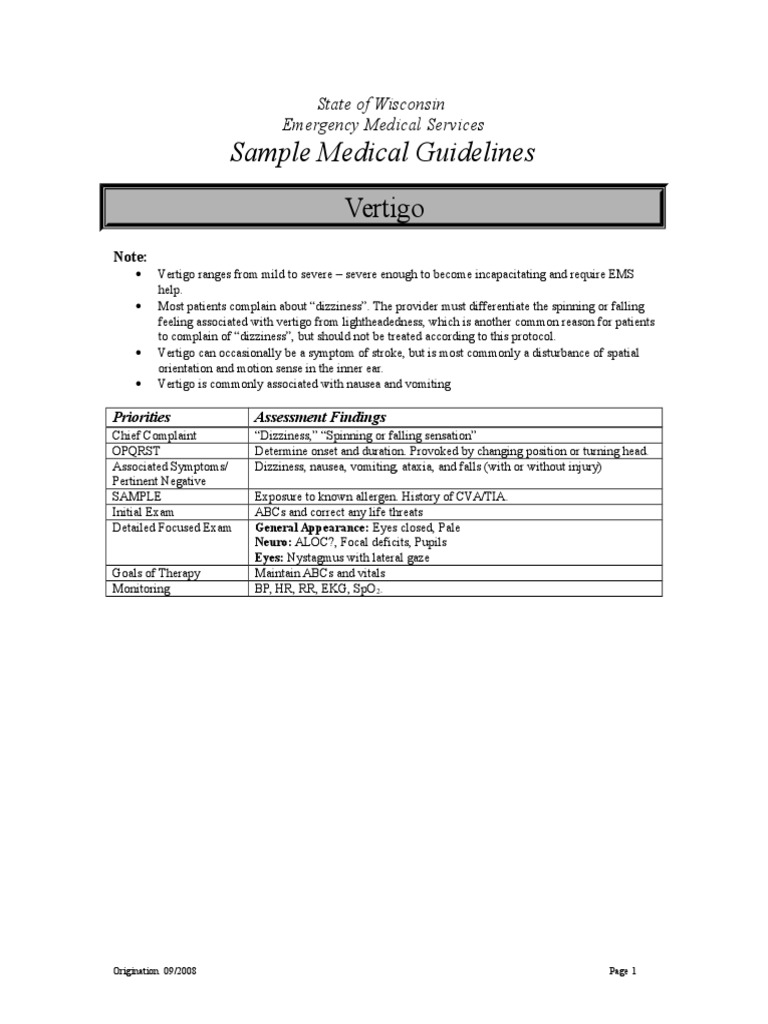 Wisconsin EMS Guidelines for Vertigo | PDF | Science & Mathematics