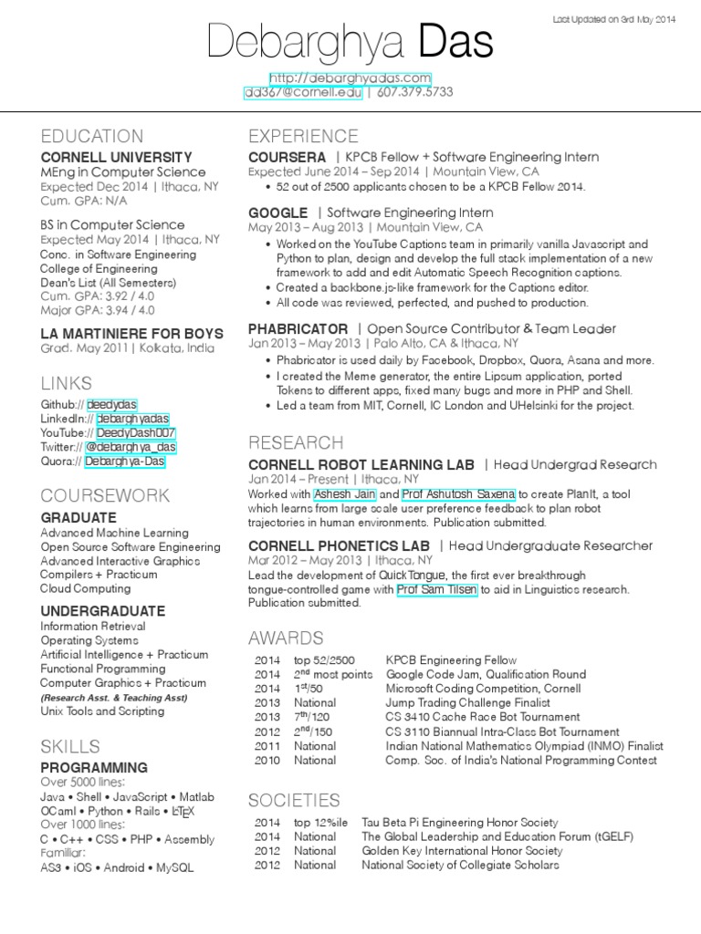Debarghya Das Resume | Software | Areas Of Computer Science