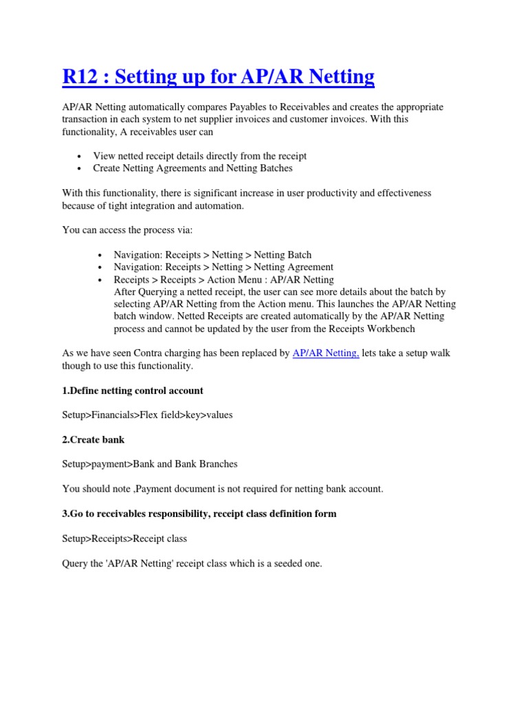 Setup AP/AR Netting for Automated Invoice Netting | PDF | Receipt | Payments