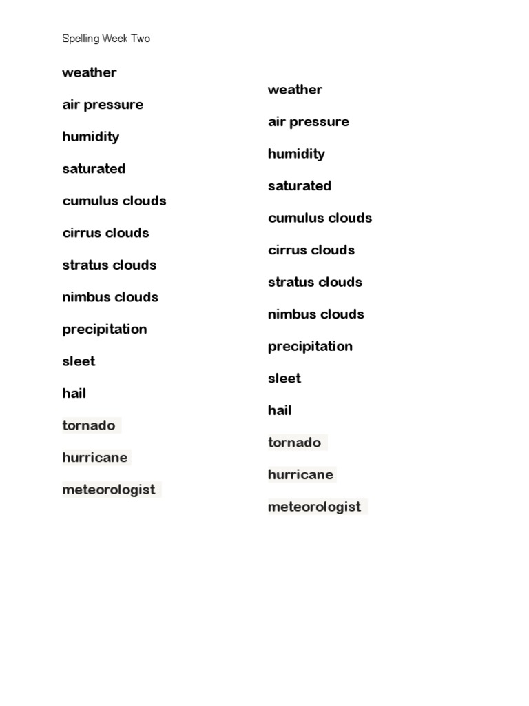 Weather Vocabulary for Spelling Week 2 | PDF
