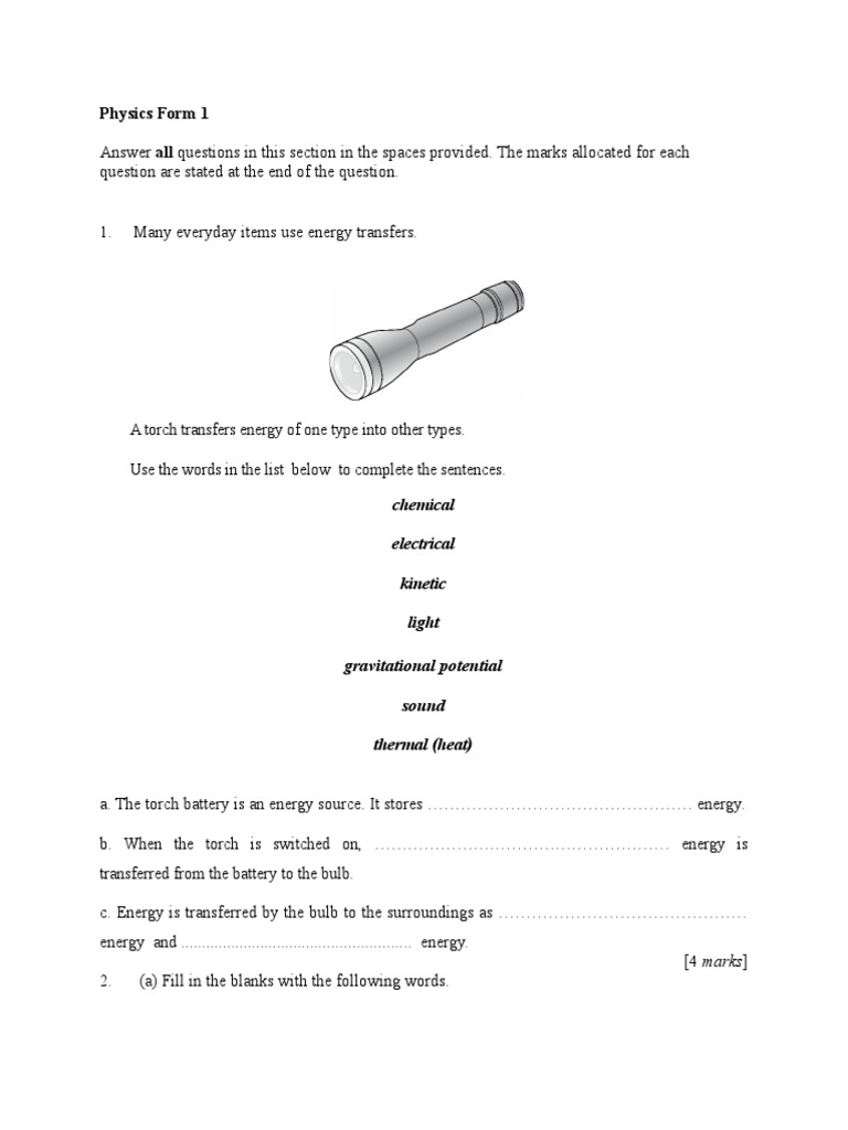 Physics Form 1: Chemical Electrical Kinetic Light Gravitational ...