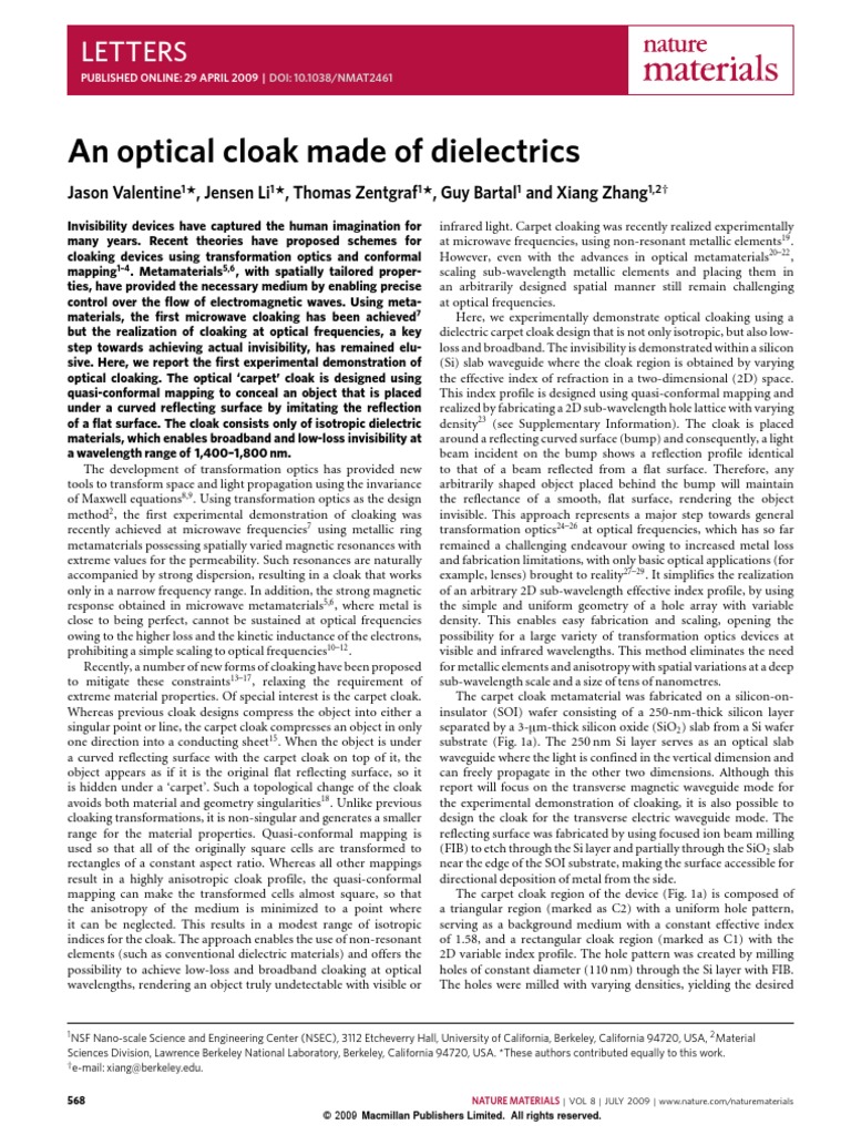 An Optical Cloak Made of Dielectrics | Download Free PDF | Metamaterial ...