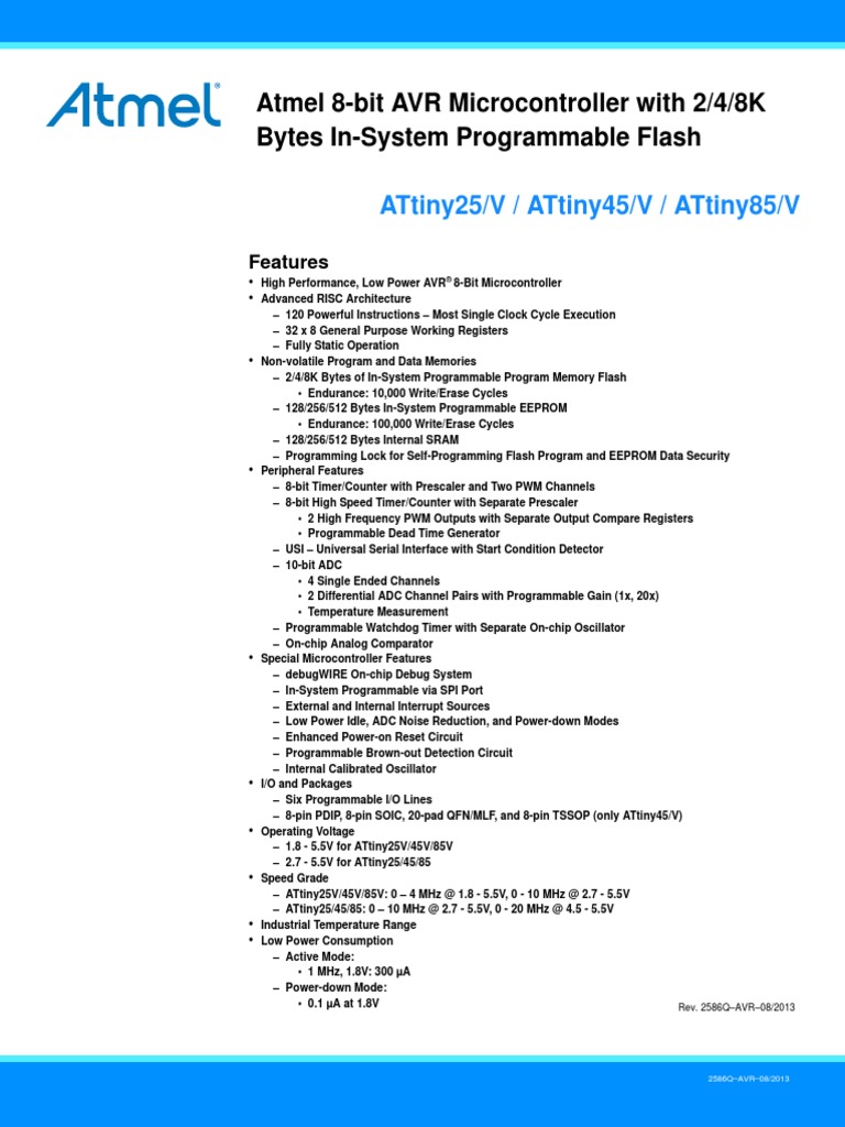Atmel 2586 AVR 8 Bit Microcontroller ATtiny25 ATtiny45 ATtiny85 Datasheet | Download Free PDF ...