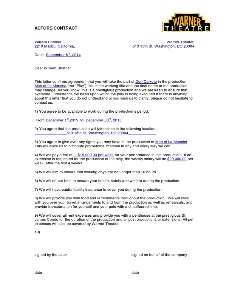 Contract Sample - Actor | PDF | Filmmaking | Insurance