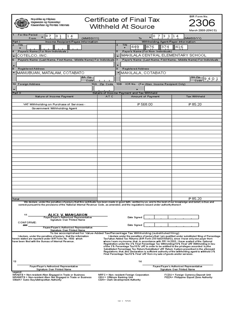 Bir Form 2306 | PDF | Withholding Tax | Corporate Jargon