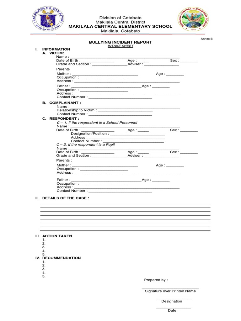 Bullying Incident Report Template | PDF