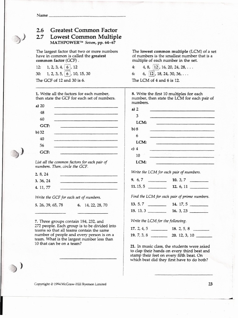 Mathpower 2 6 Greatest Common Factor 2 7 Lowest Common Multiple | PDF ...