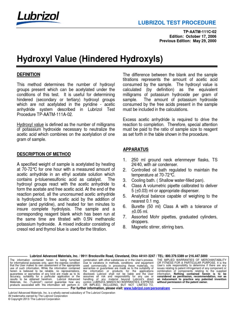 Hydroxyl Value (Hindered Hydroxyls) : Lubrizol Test Procedure | PDF ...