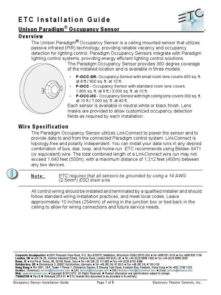 Uni Paradigm Occupancy Sensor Install Manual RevB | PDF | Electrical ...