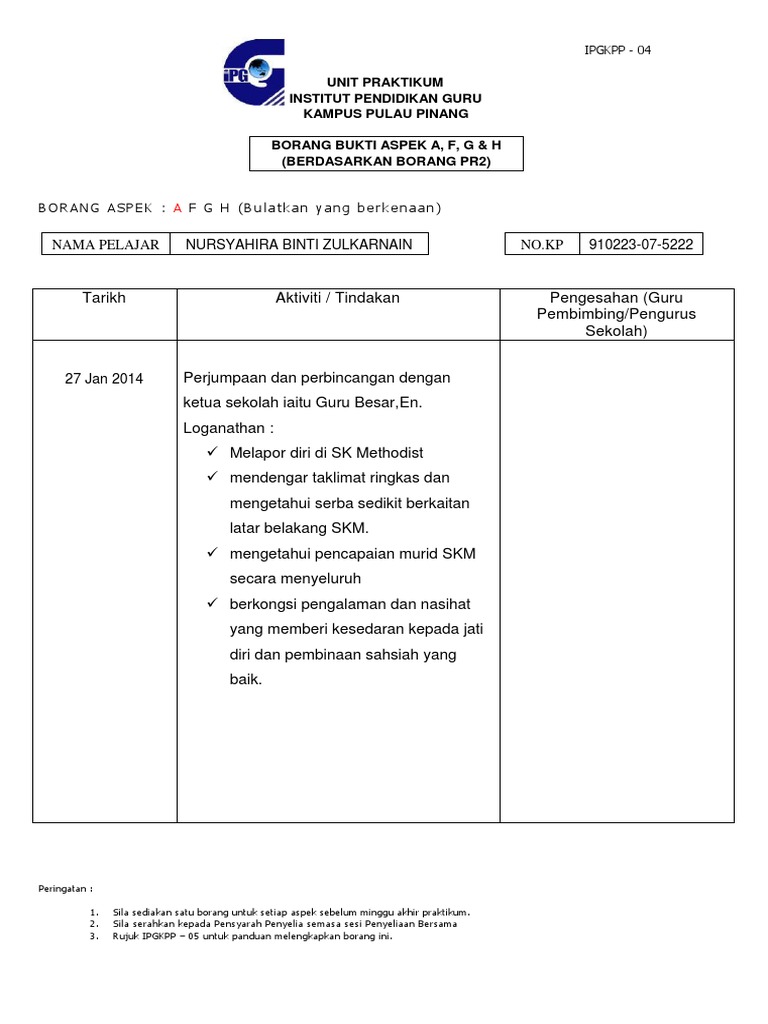 Borang Aspek Praktikum Ipg | PDF