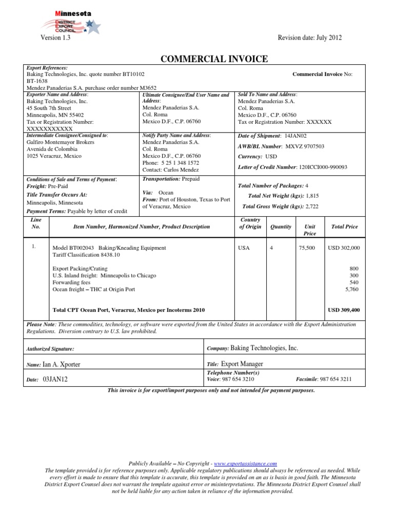 Commercial Invoice: Revision Date: July 2012 | PDF | Cargo | Exports