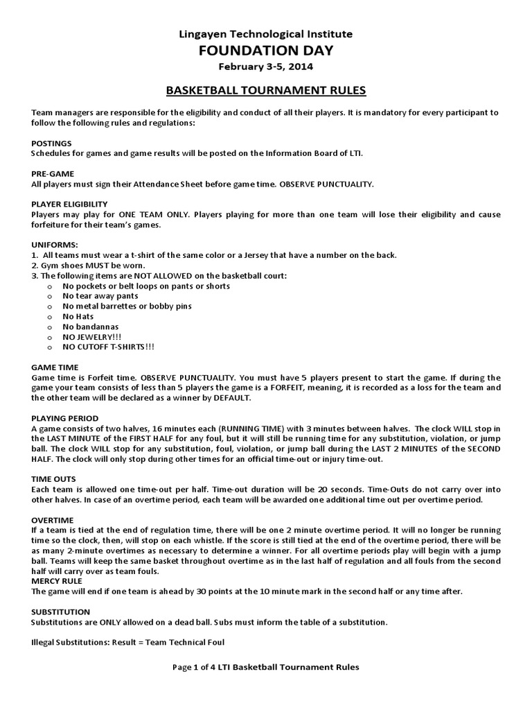 Foundation Day: Basketball Tournament Rules | PDF | Athletic Sports ...