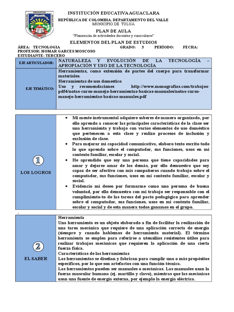 Formato de Plan de Aula Tecnologia - GRADO 3 PERIODO PRIMERO | PDF ...