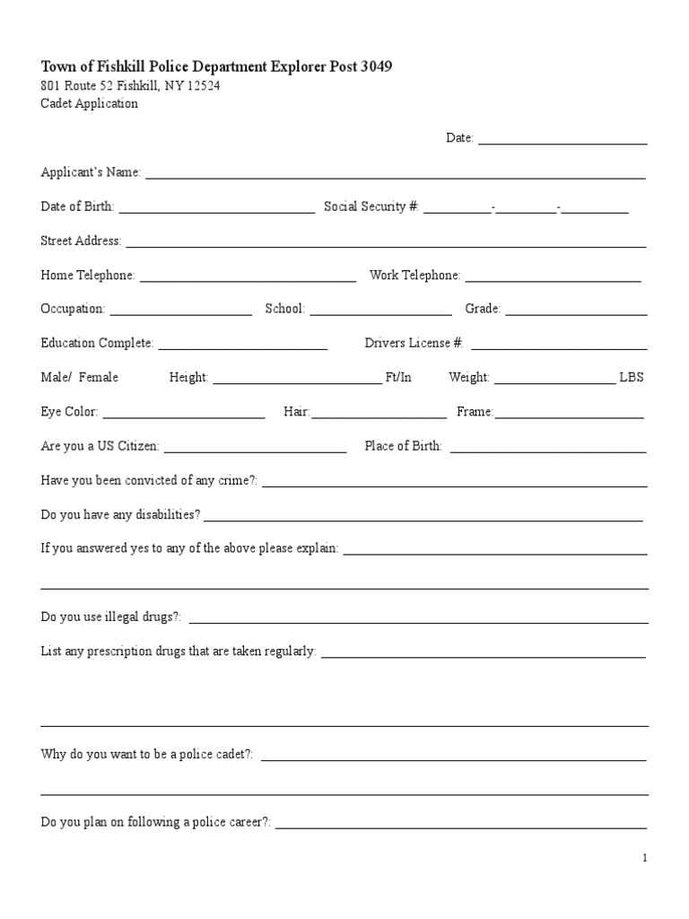 Town of Fishkill Cadet Application | PDF | Indemnity | Social Institutions