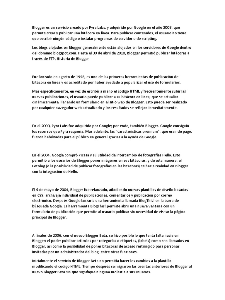 Blogger Es Un Servicio Creado Por Pyra Labs | PDF | Tecnologías de la ...