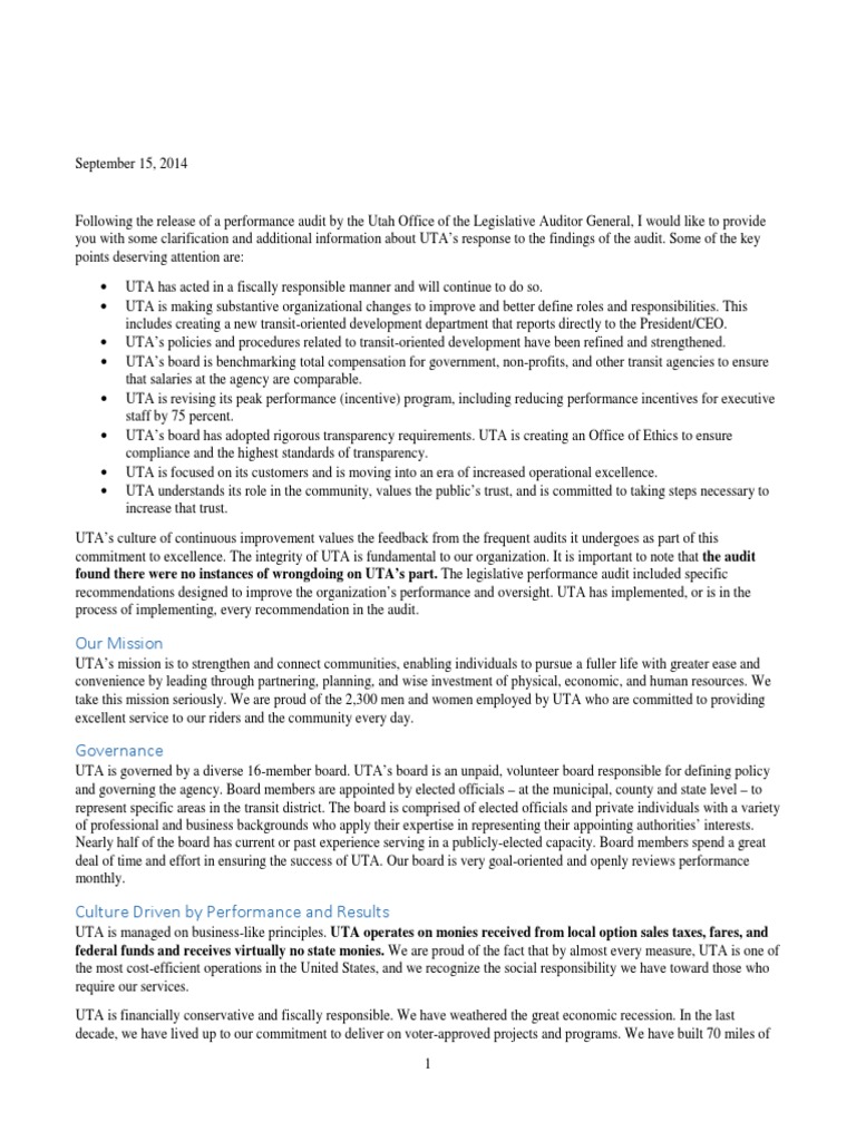 UTA Letter Regarding Performance Audit | PDF | Audit | Economies