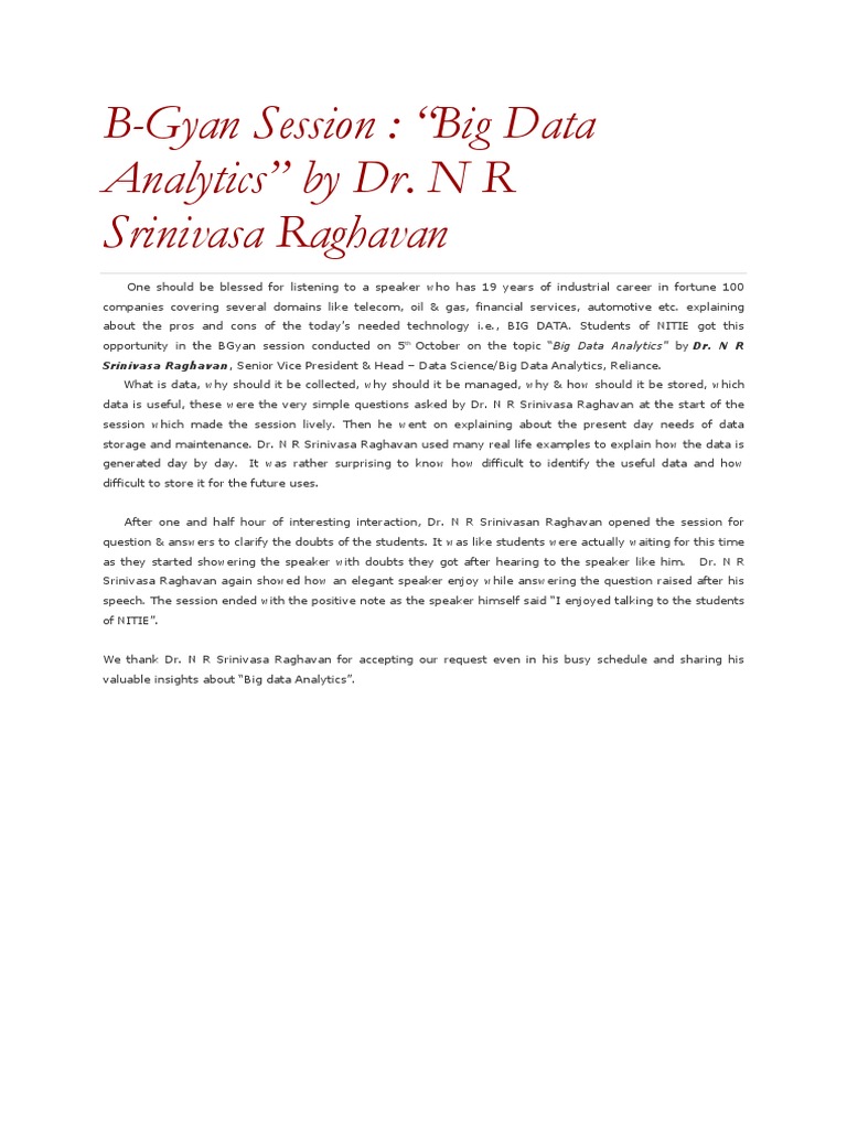 B-Gyan Session: "Big Data Analytics" by Dr. N R Srinivasa Raghavan ...