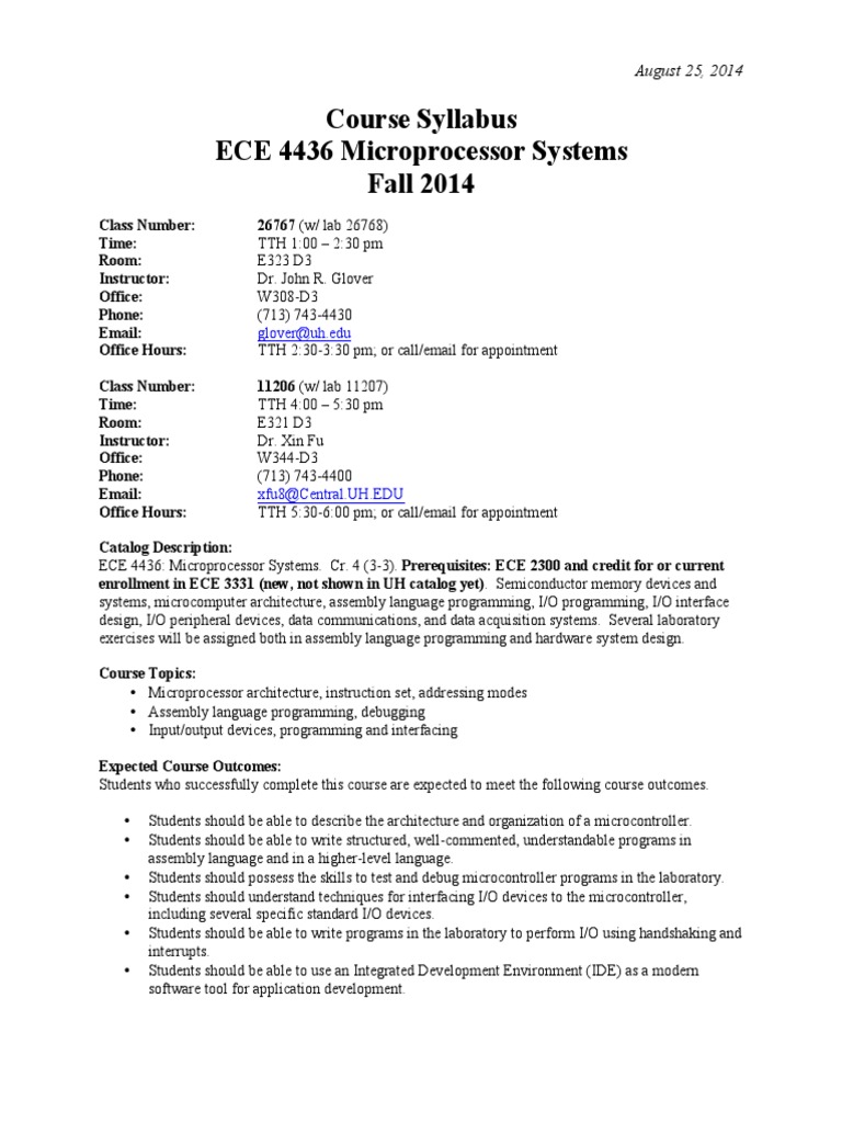 Course Syllabus ECE 4436 Microprocessor Systems Fall 2014: Glover@uh ...