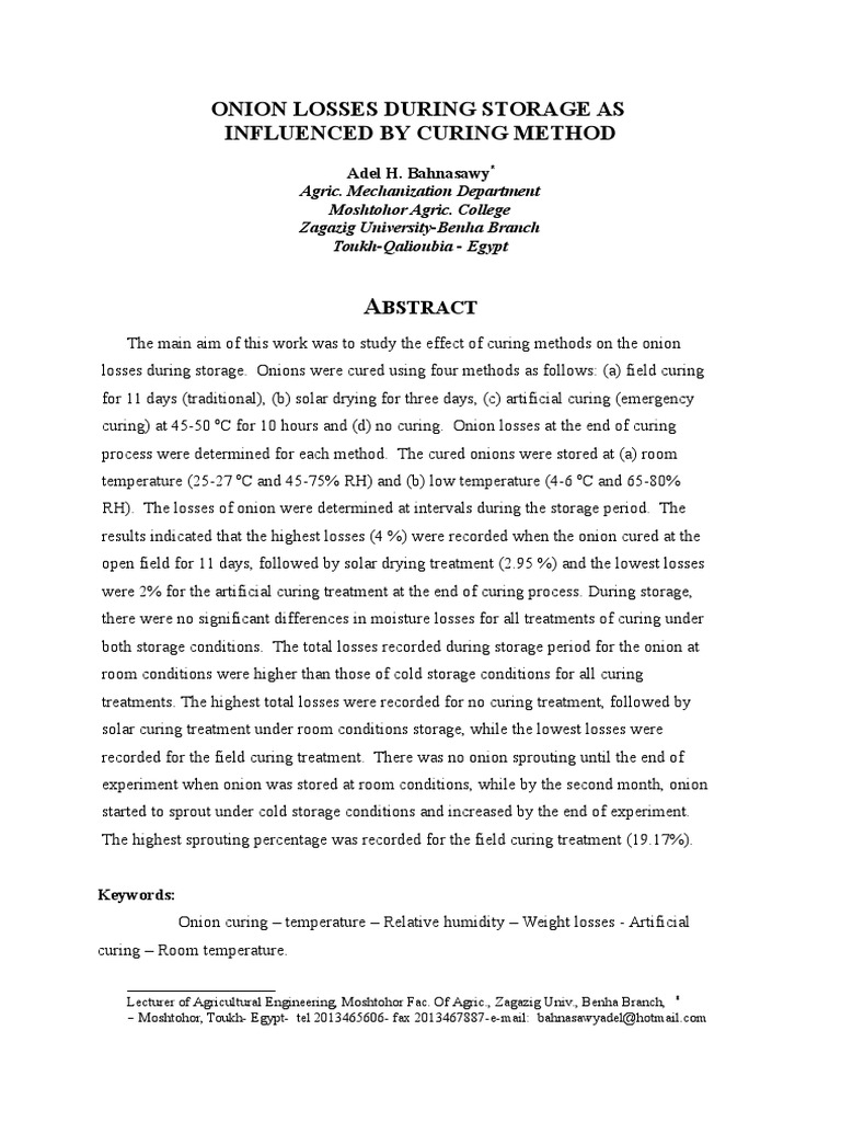 Onion Storage Losses by Curing Method | PDF | Onion | Wellness