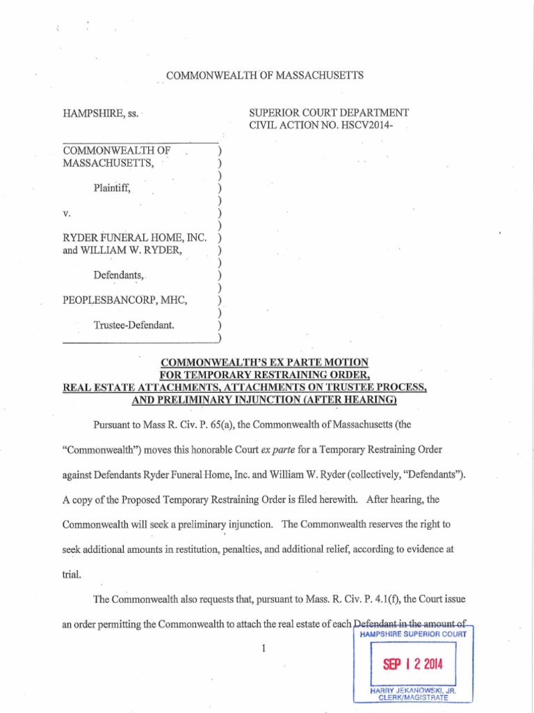 Ryder Funeral Home Ex Parte Motion | Injunction | Insurance