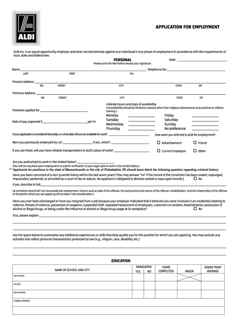 Aldi Employment Application | PDF