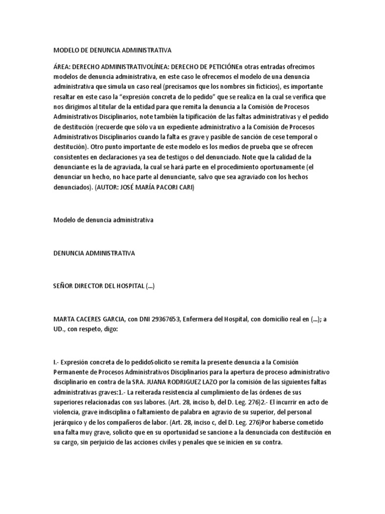 Modelo de Denuncia Administrativa | PDF | Enfermería | Bienestar