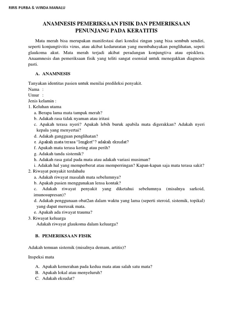 Anamnesis Pemeriksaan Fisik Dan Pemeriksaan Penunjang Pada Keratitis | PDF